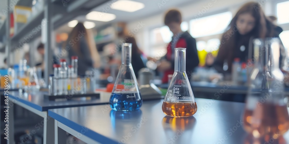 School Science Lab Busy blurred background image of students conducting ...