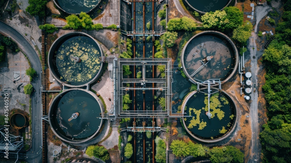Aerial view of a wastewater treatment plant featuring six circular ...