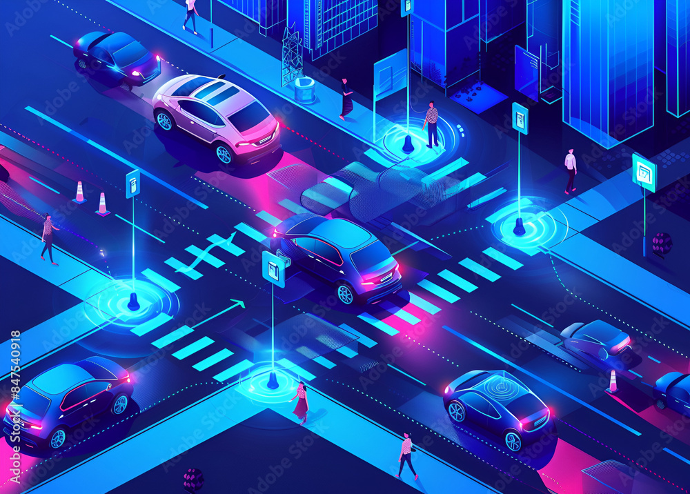 Autonomous smart bus and car rides through the night city. Smart bus ...