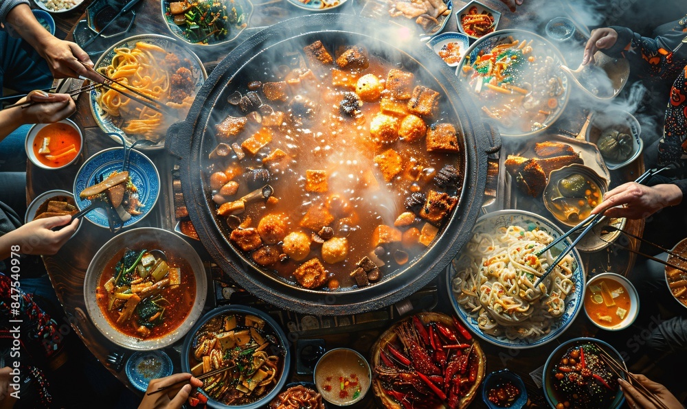 Top shot of a big round table feast in a restaurant, featuring a hot ...