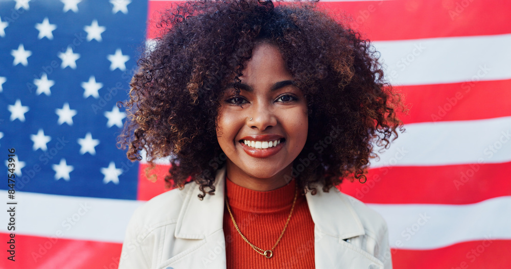 Black woman, portrait and american flag for independence day, pride and heritage in background ...