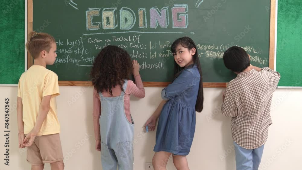 Back view of diverse student writing prompt at board while girl turn ...