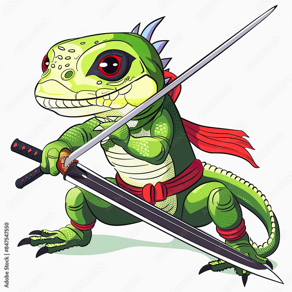 Cute Iguana assassin cartoon on white background. Chibi Iguana ninja ...