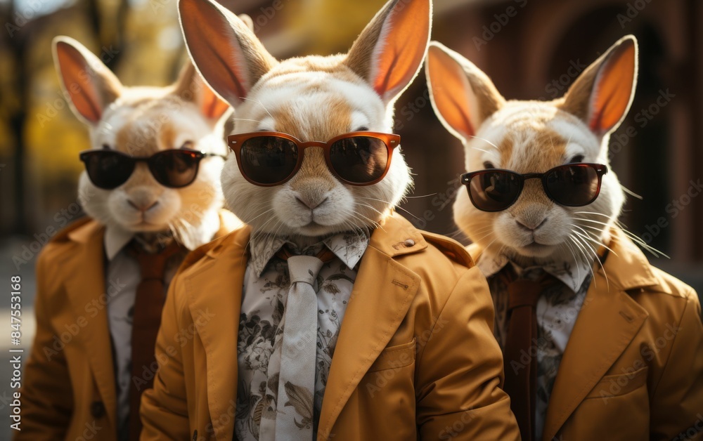 Three rabbits wearing sunglasses and suits pose for a photo. Scene is ...