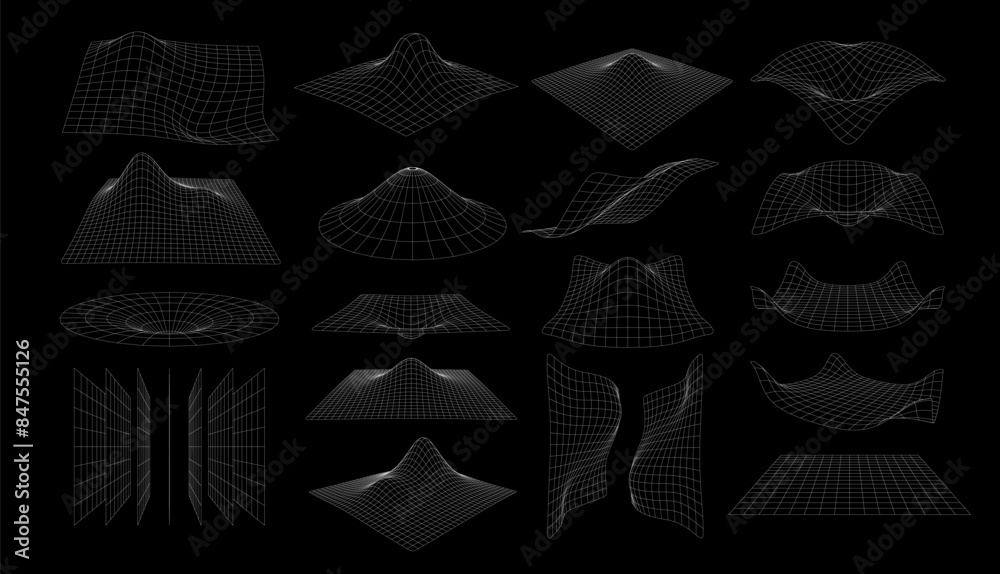 Futuristic wireframe mesh grid with abstract 3D shapes and geometric ...