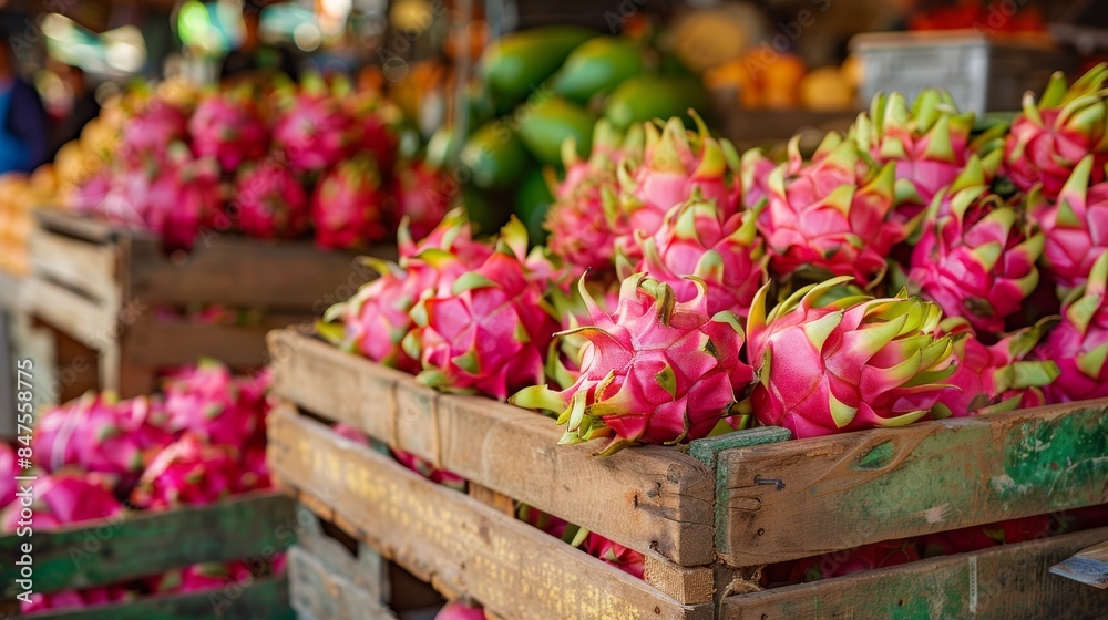 Fresh dragon fruit packed in traditional crates, ready for shipment ...