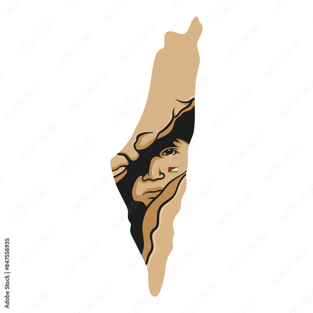 Palestine map poster with a design of a small child crying. Palestine ...