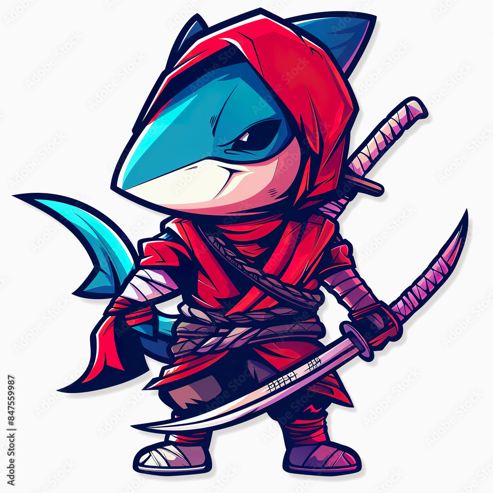 Shark assassin cartoon with mask isolated on white background. Shark ...