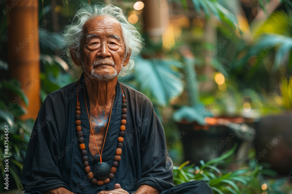 Elderly Asian man with white hair and beard sitting in garden, wearing ...