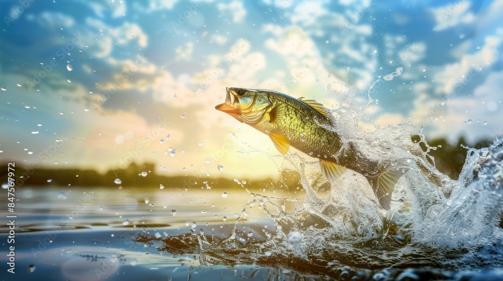 Fish jumping over the surface water in lake with splashing of water and ...