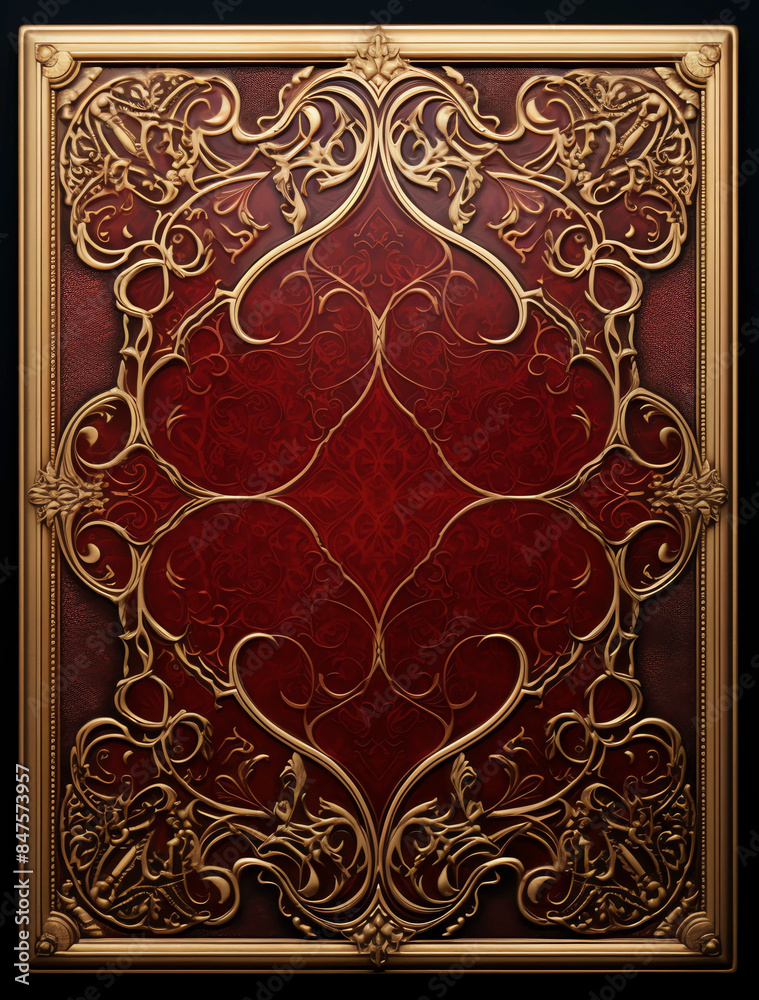 3d render of golden filigree pattern on red leather background, book ...