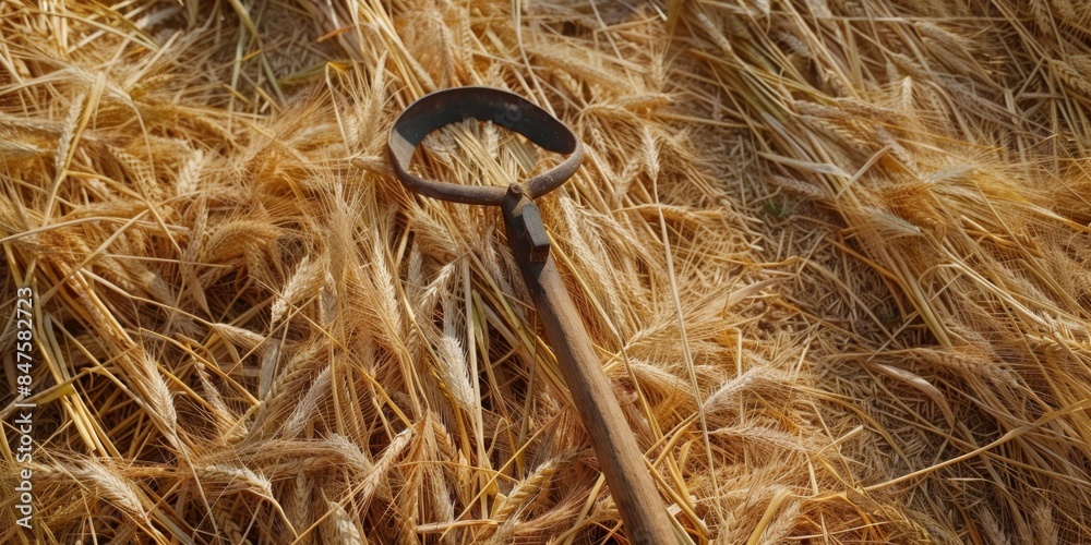 Ears of wheat and old sickle in field, nature background. Wheat field ...