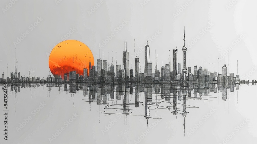 Minimalist line art of a modern city skyline with simplified building ...