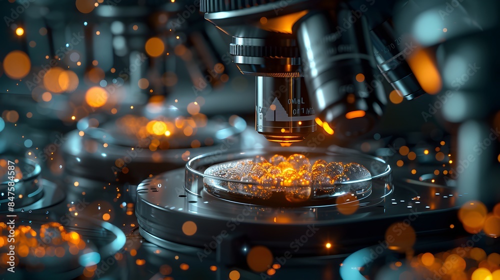 An advanced microscope being used to examine cells in petri dishes ...
