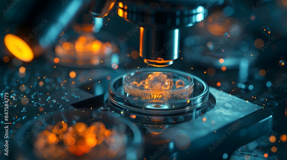 An advanced microscope being used to examine cells in petri dishes ...