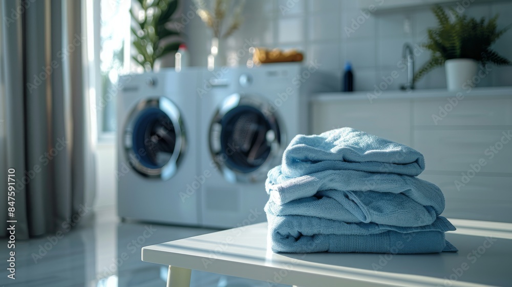 Fresh Laundry Folded and Stacked on White Table with Modern Washing ...