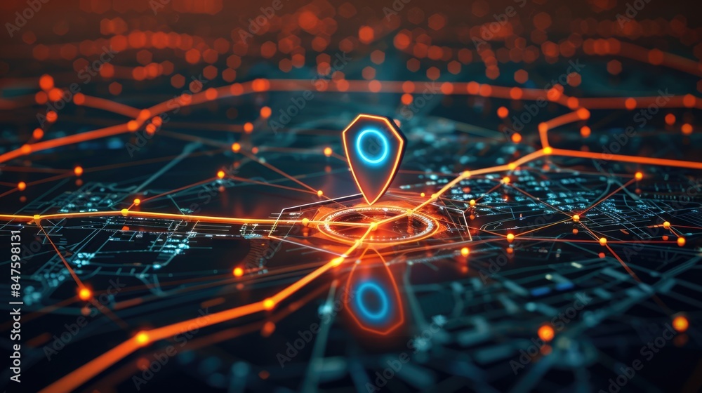 location on a digital map is marked with a beacon, location on the map ...