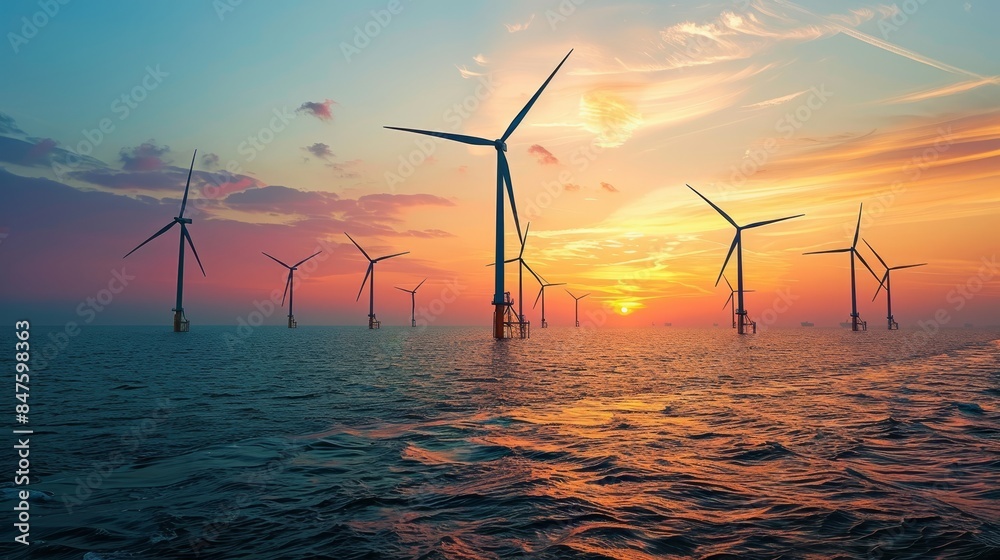 Offshore wind farm in the evening, turbines spinning under a stunning ...