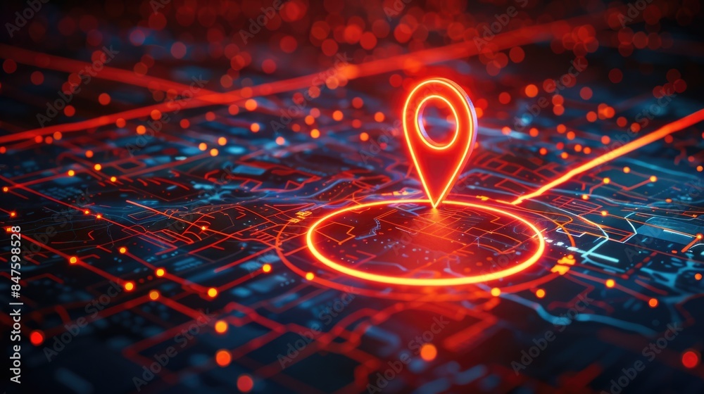 location on a digital map is marked with a beacon, location on the map ...