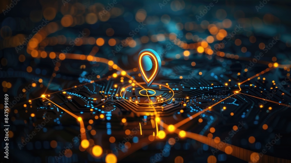 location on a digital map is marked with a beacon, location on the map ...