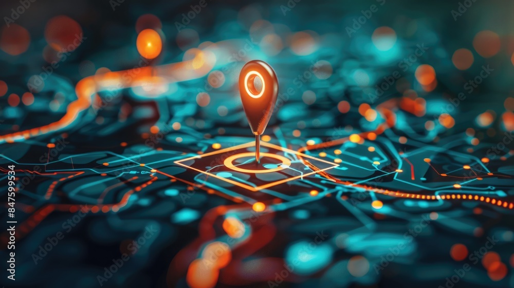 location on a digital map is marked with a beacon, location on the map ...