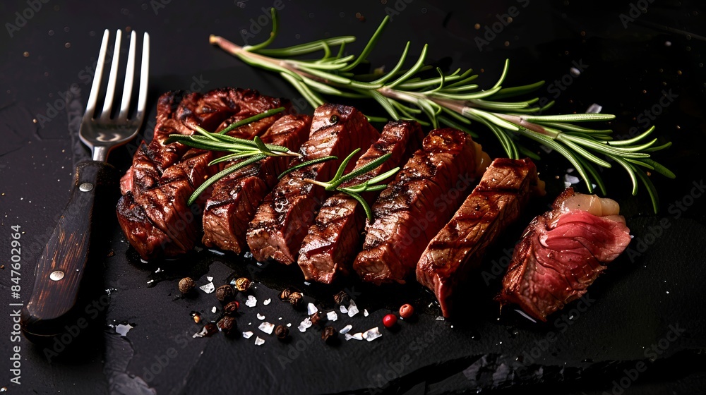 Juicy sliced steak with rosemary, salt, and pepper grains on a dark ...