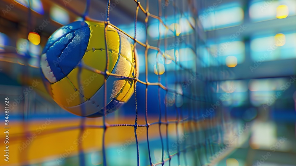 Dynamic volleyball in action hitting the net inside a modern sports ...