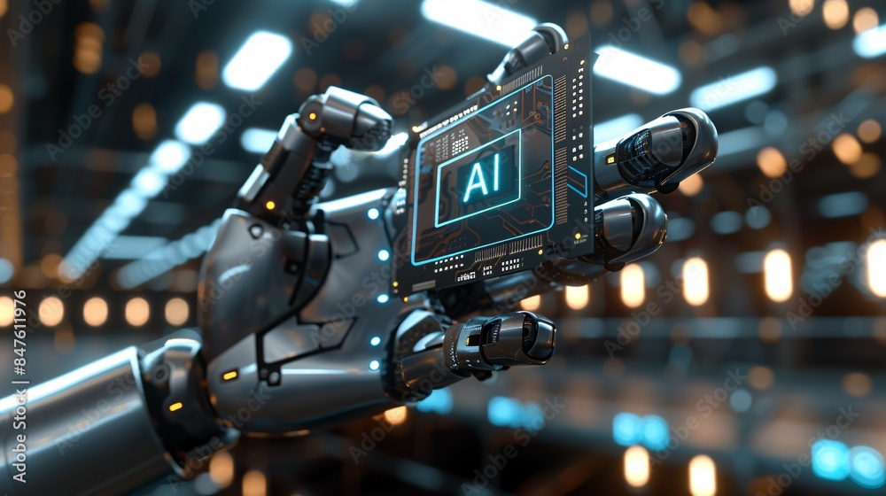 Poster The metallic hand of a humanoid robot grips a cutting-edge AI ...