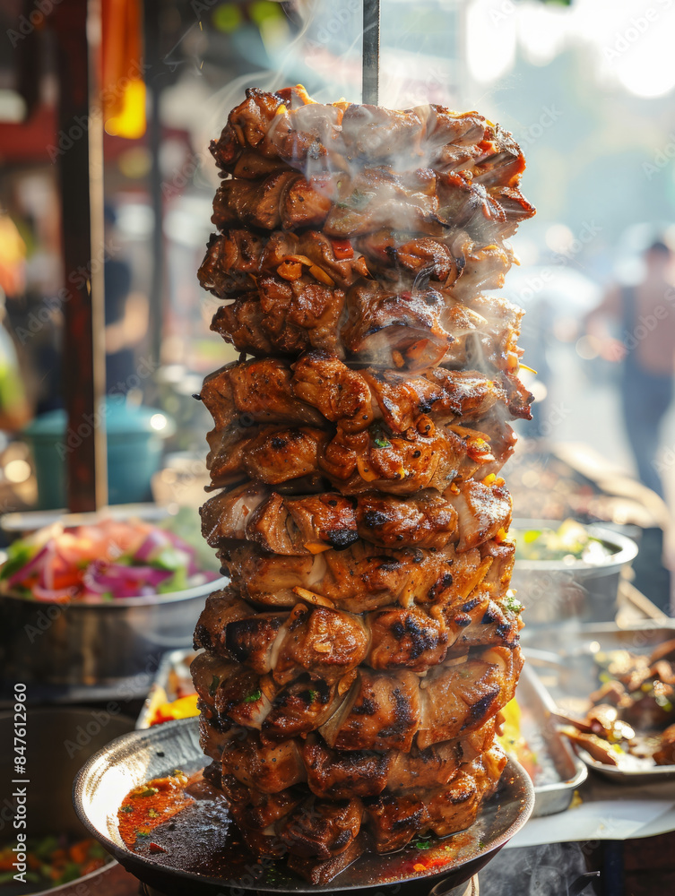 Tower of shawarma meat roasting on a vertical skewer outdoors. Stock ...