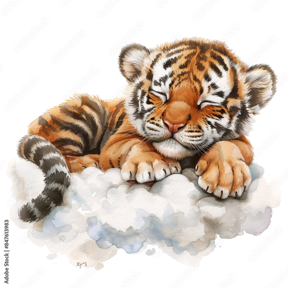 A baby tiger cub napping on a cloud clipart, pastel tone, watercolor ...