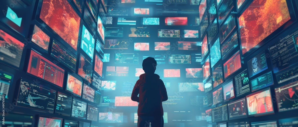 A creative depiction of multiple screens displaying social media feeds ...