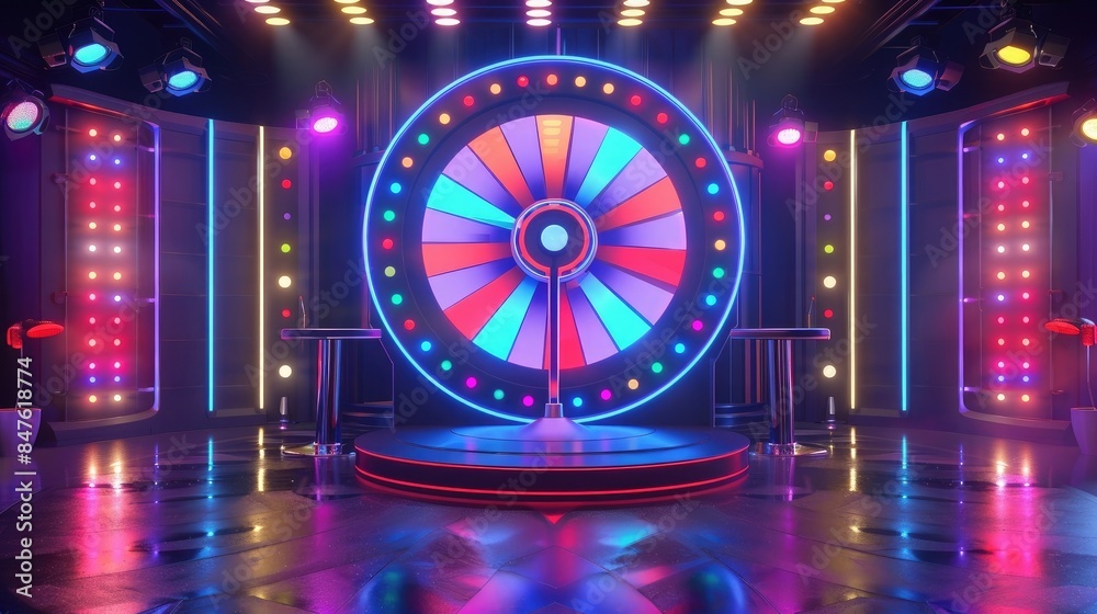 Colorful Game Show Wheel with Contestant Stands and Host Desk. Concept ...