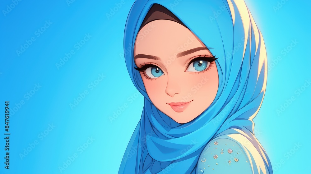 2d cartoon style portrait of a young Arab girl in traditional hijab ...