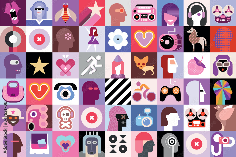 A collage of different vector design elements and people avatars, each ...