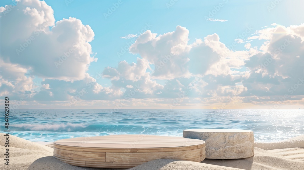 summer background product display platform scene with sea beach ...