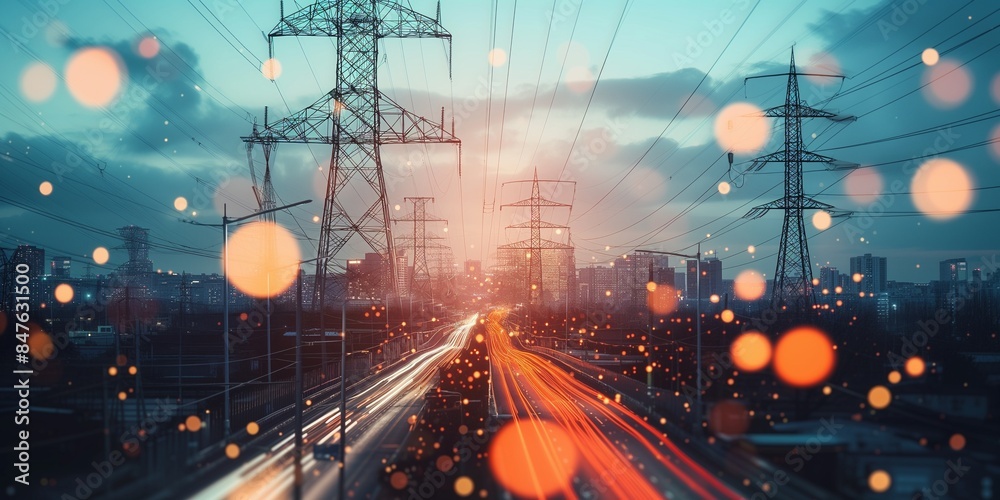 cityscape dusk featuring high voltage power lines and transmission ...