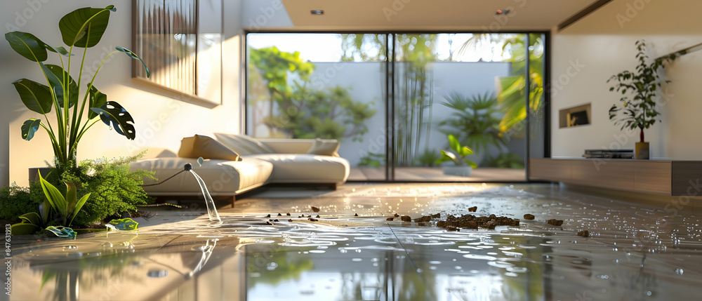 A contemporary living room with an indoor plant corner, water flooding ...