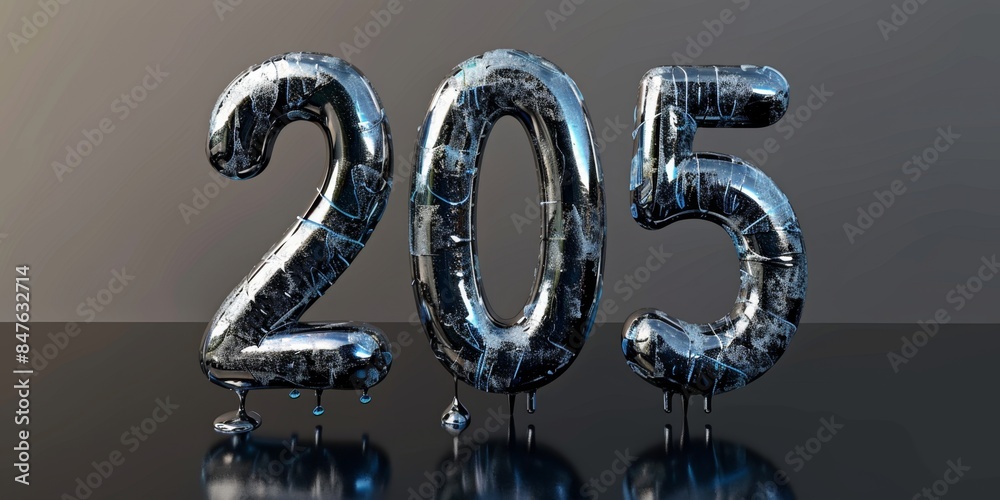 Shiny reflective number "205" made of molten metal with droplet shape ...