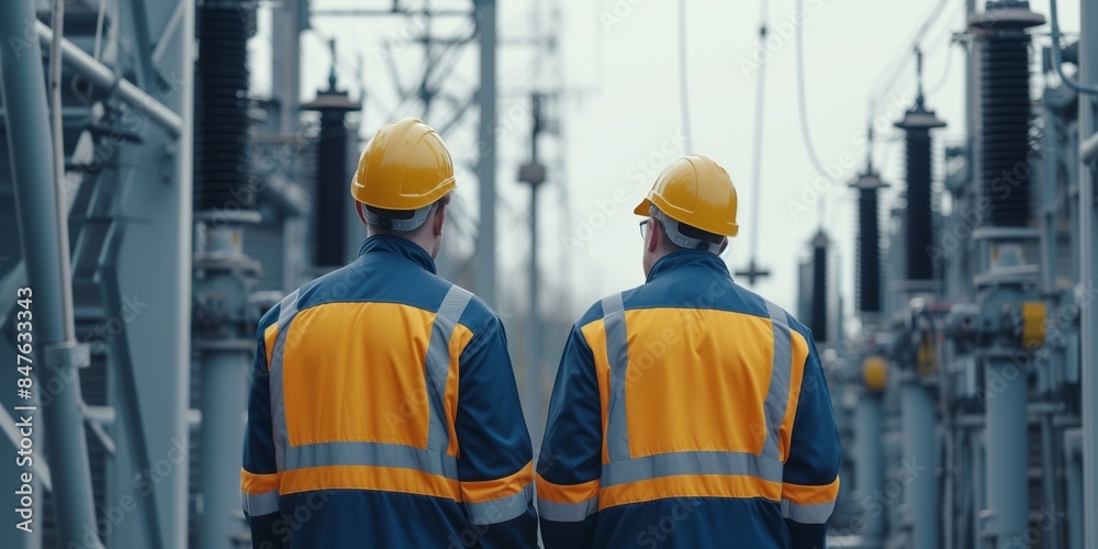 Two engineers wearing safety vests, hard hats stand in front of a high ...