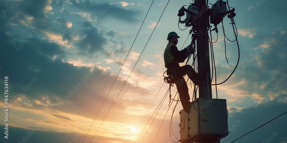 silhouette of electrical worker climbs a utility pole during a vibrant ...