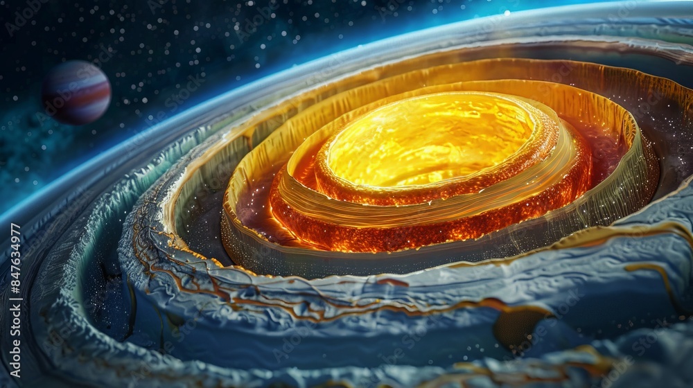 The image is showing a cross-section of a planet. The planet has a ...