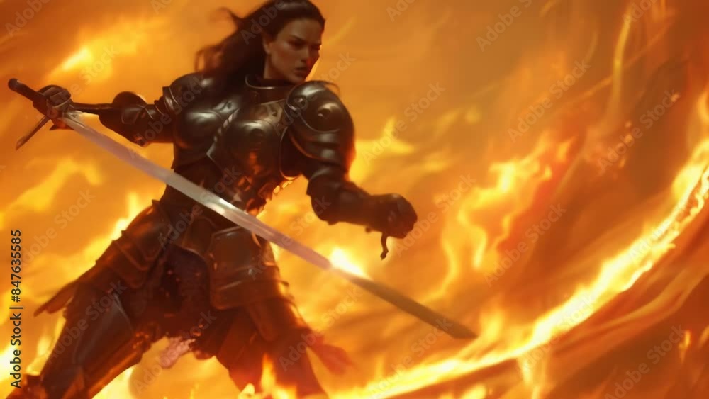 A fierce female warrior brandishing a flaming sword, surrounded by ...
