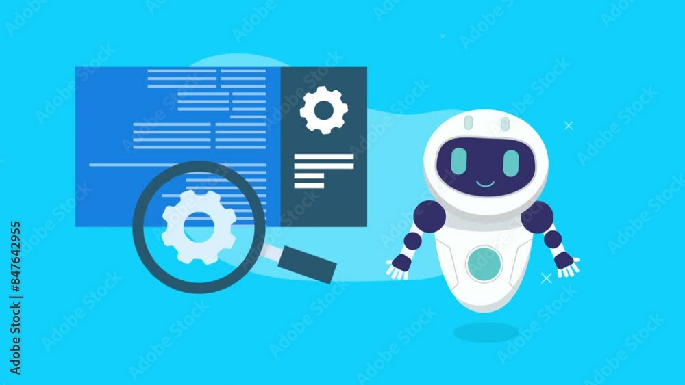 animation of smiling robot stands against a light blue background. To ...