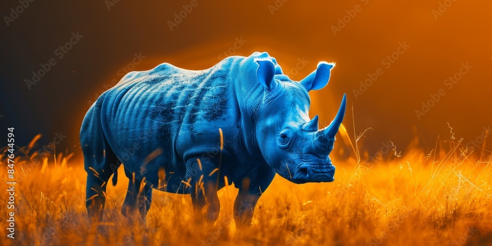 Neon rhino roaming majestically on the golden grass, animal world ...