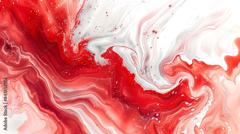 Abstract artwork swirling red white paint creating marbled effect ...