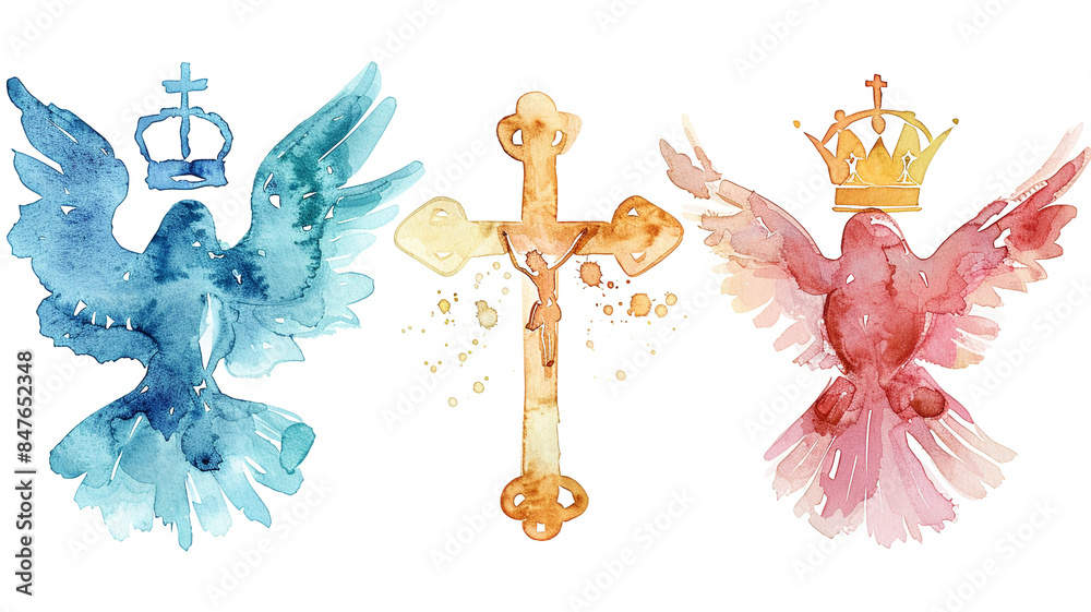 Symbols representing the Holy Trinity. Holy Spirit symbol: cross, crown ...