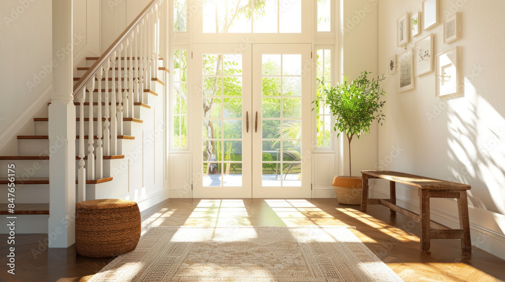 A large entry room with lots of sunlight, a jute pouf, a wooden bench ...