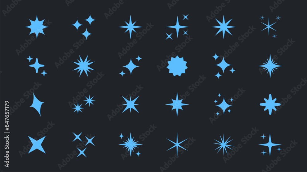 Retro futuristic bright vector blue icons collection. Set of original star sparkle shapes ...