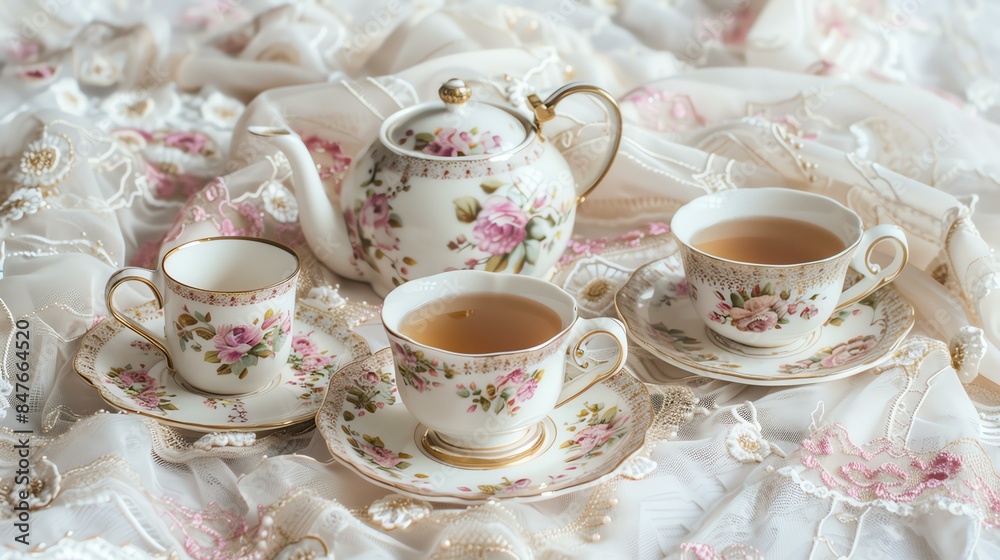 Fine bone china tea set with pink roses pattern on a white lace ...