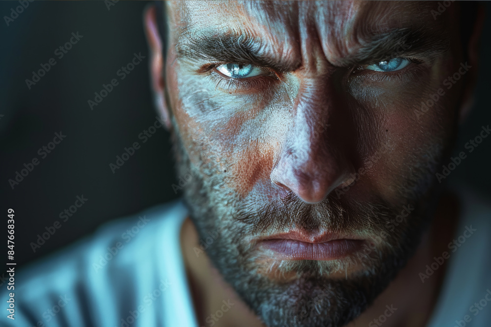 Human portrait conveying anger with furrowed eyebrows and tight jaw ...